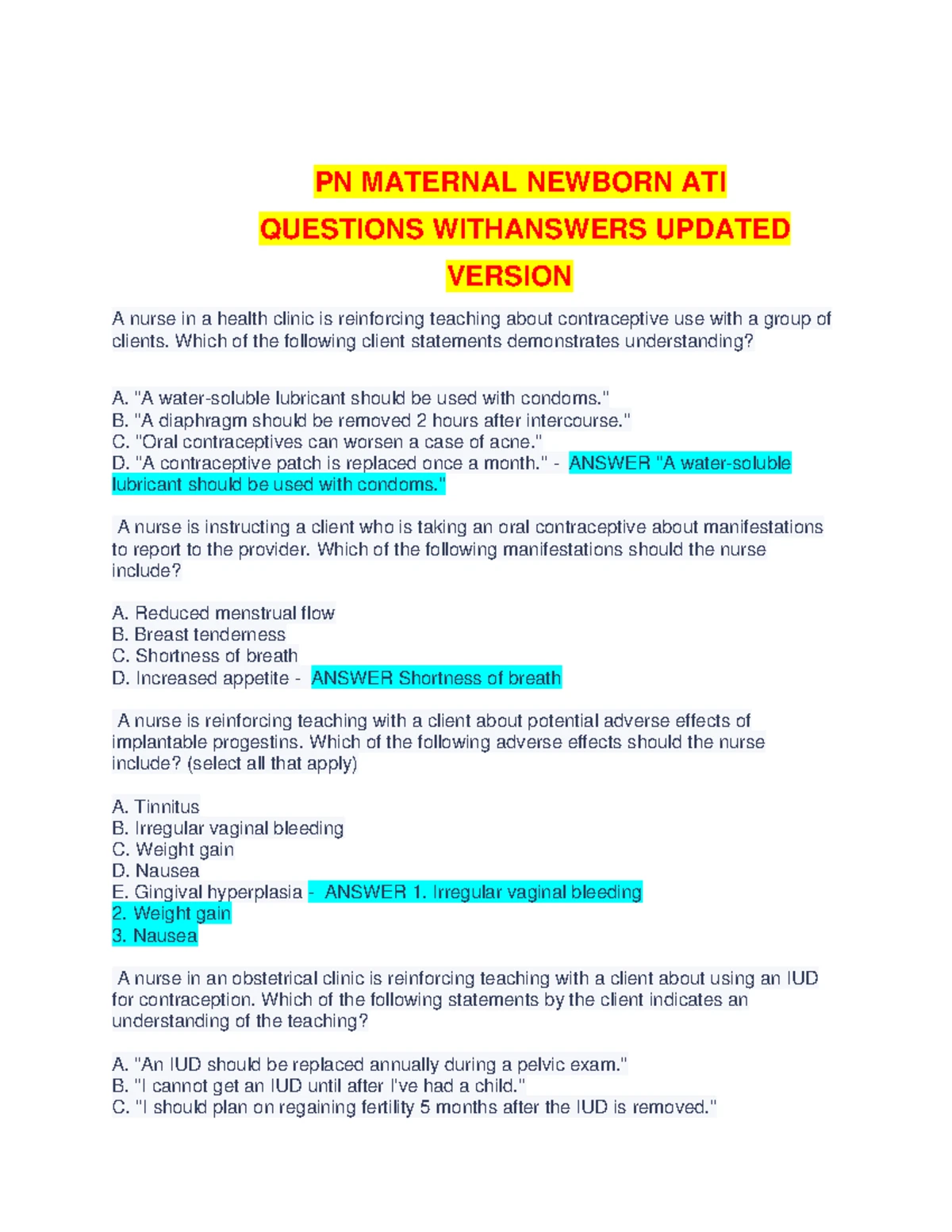 ATI RN Maternal Newborn Online Practice Assessment 2023 A - Studocu