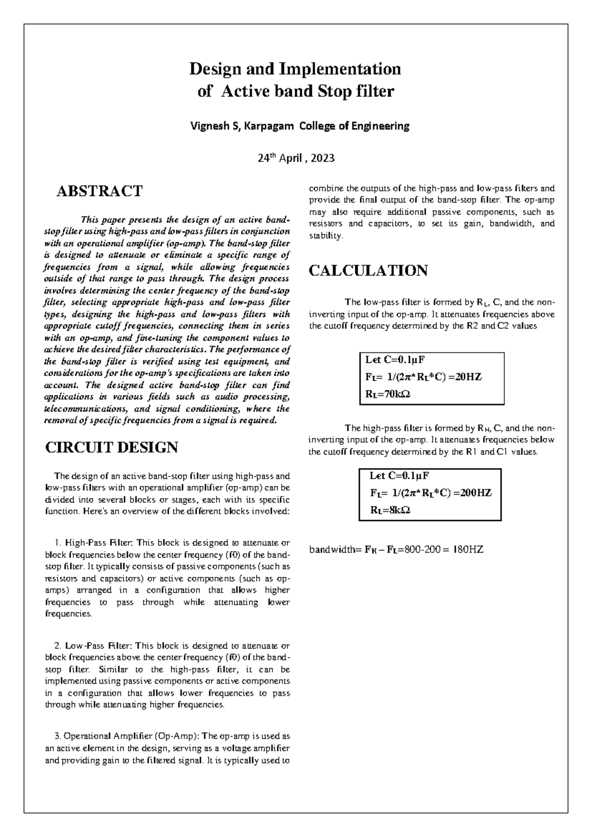 Active Band Stop Filter Design & Implementation - KCE 2023 - Studocu