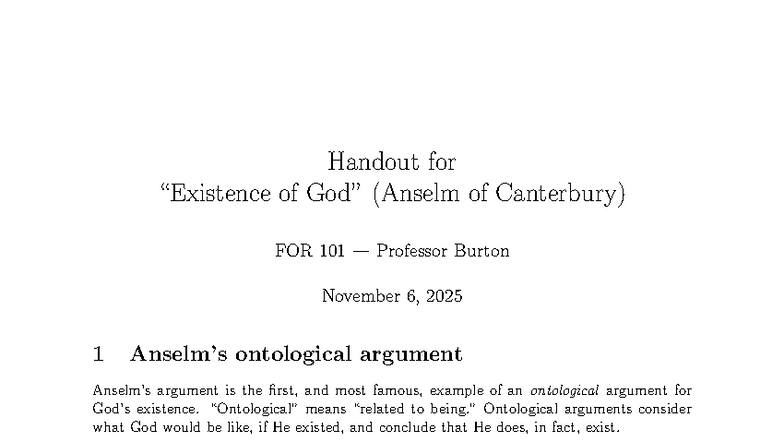 Existence of God: Anselm's Ontological Argument - FOR 101 Handout - Studocu