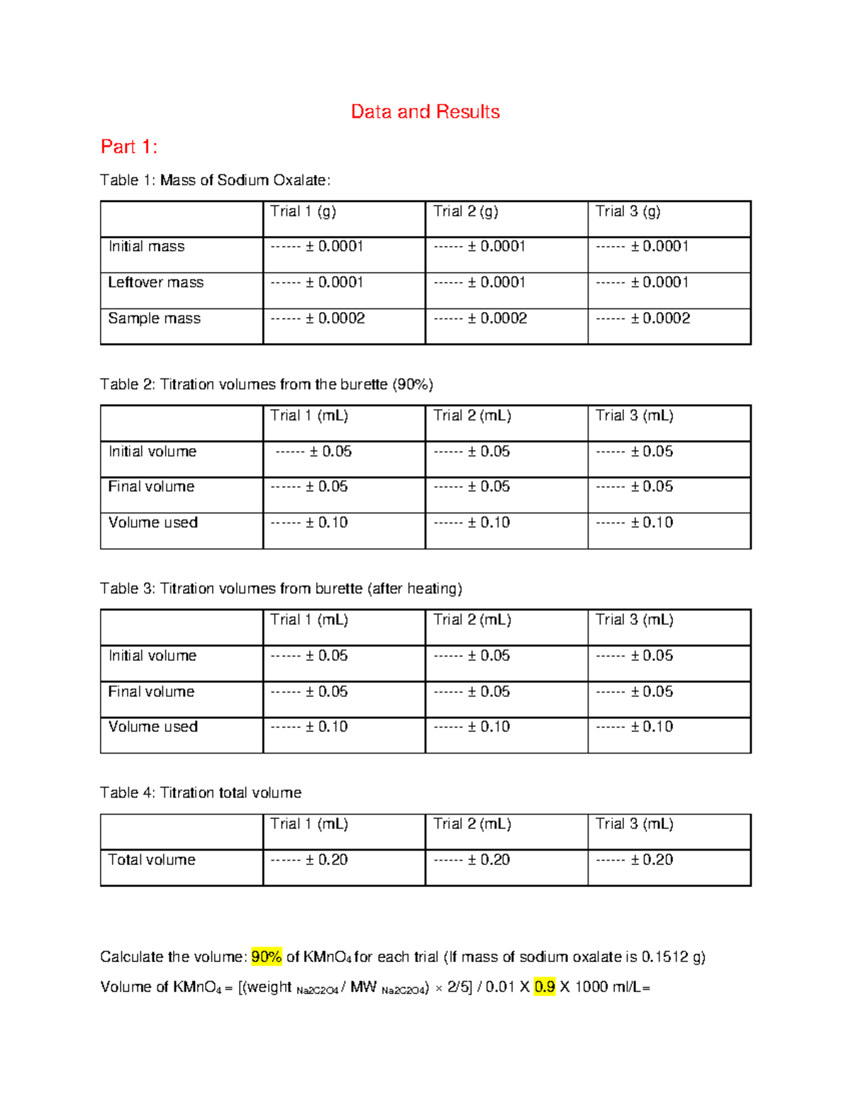 Data and Results Part 1: Sample Calculations for Titration and Mass ...