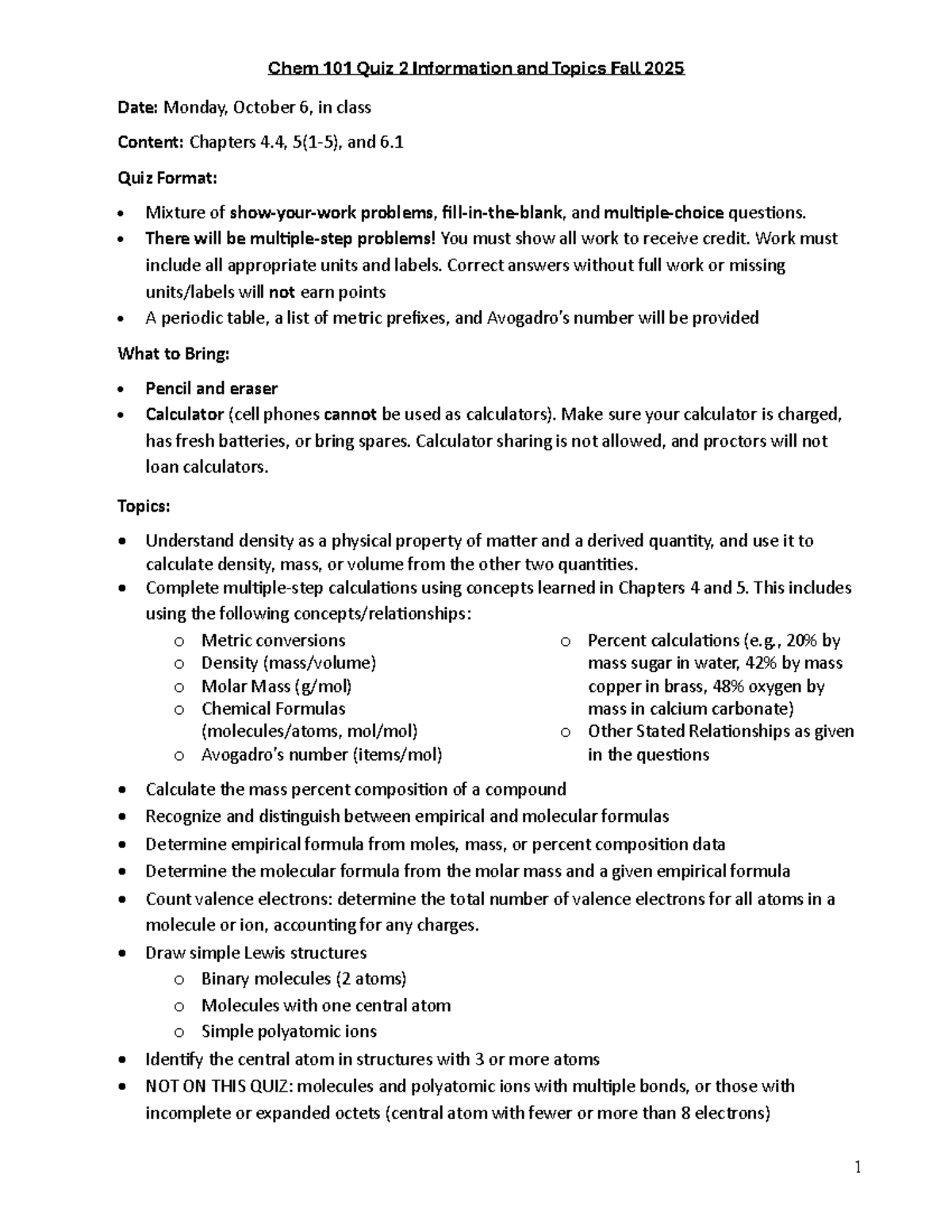 Chem 101 Quiz 2 Topics & Info - Fall 2025 - Studocu