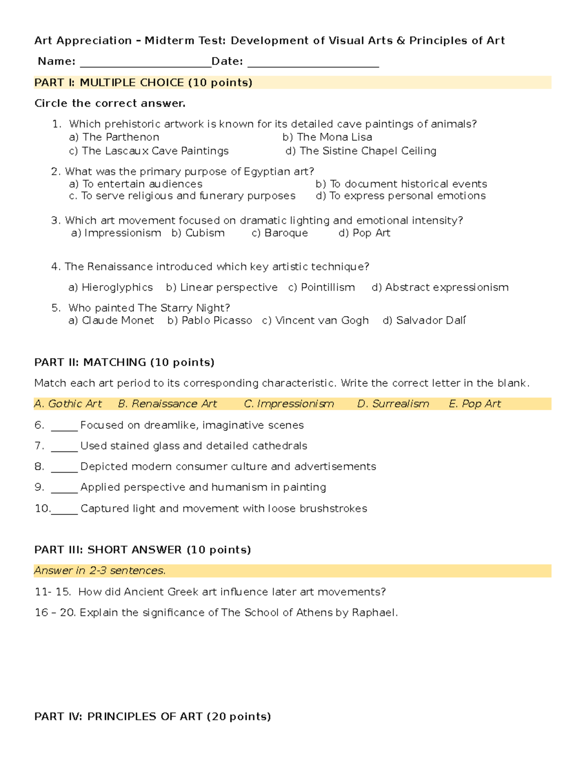 Art Appreciation - Midterm Test: Visual Arts & Principles of Art - Studocu