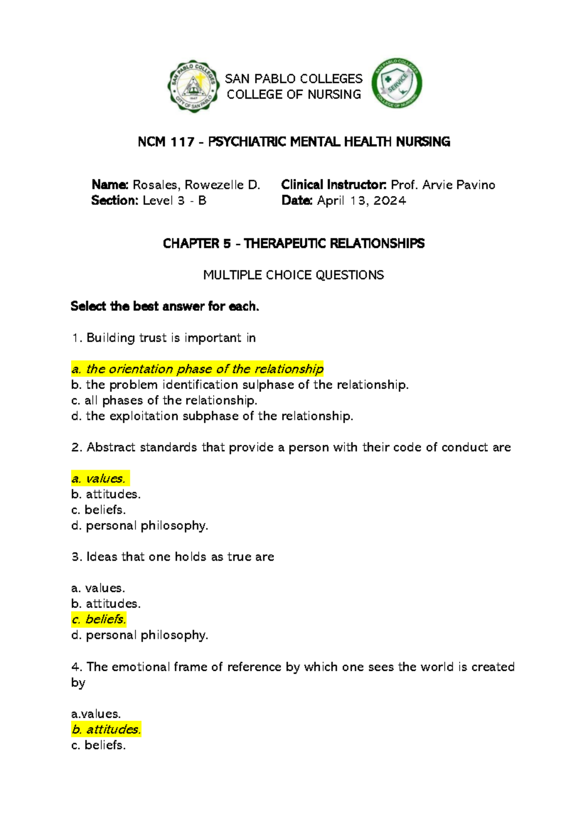 Chapter 5 - NCM 117 - SAN PABLO COLLEGES COLLEGE OF NURSING NCM 117 ...