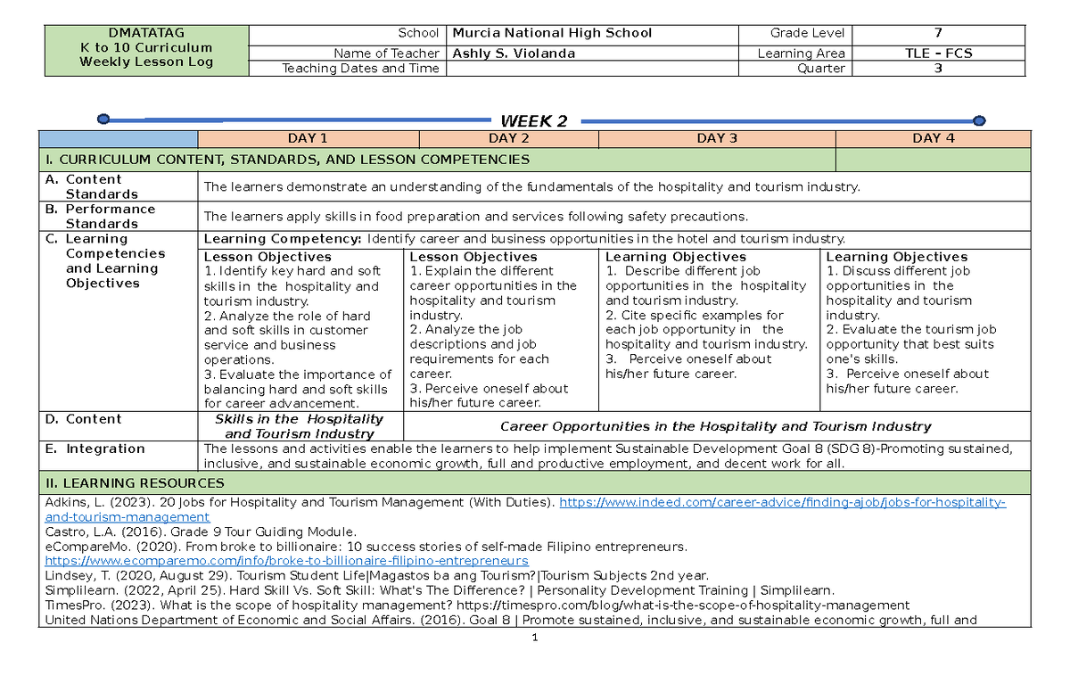 Grade 7 FCS WEEK 2 - DAILY LESSON LOG WEEK2 - DMATATAG K to 10 Curriculum Weekly Lesson Log ...