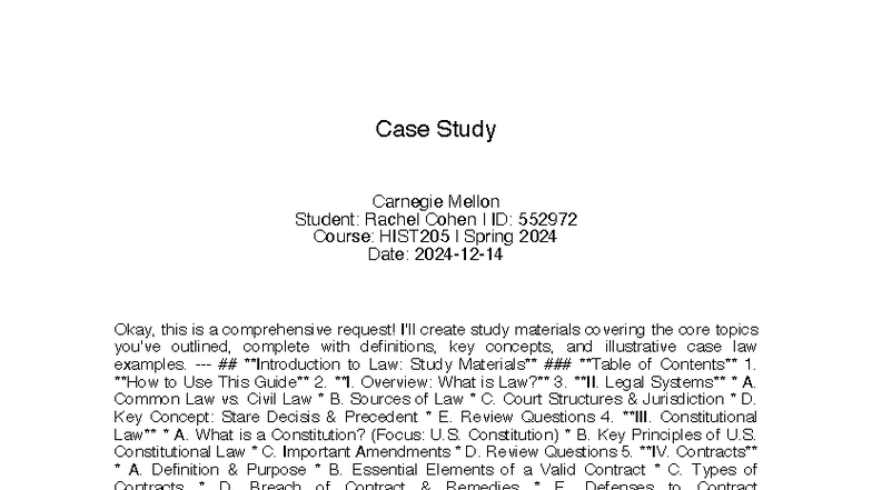Case Study: Law Overview and Key Concepts for HIST205 Spring 2024 - Studocu