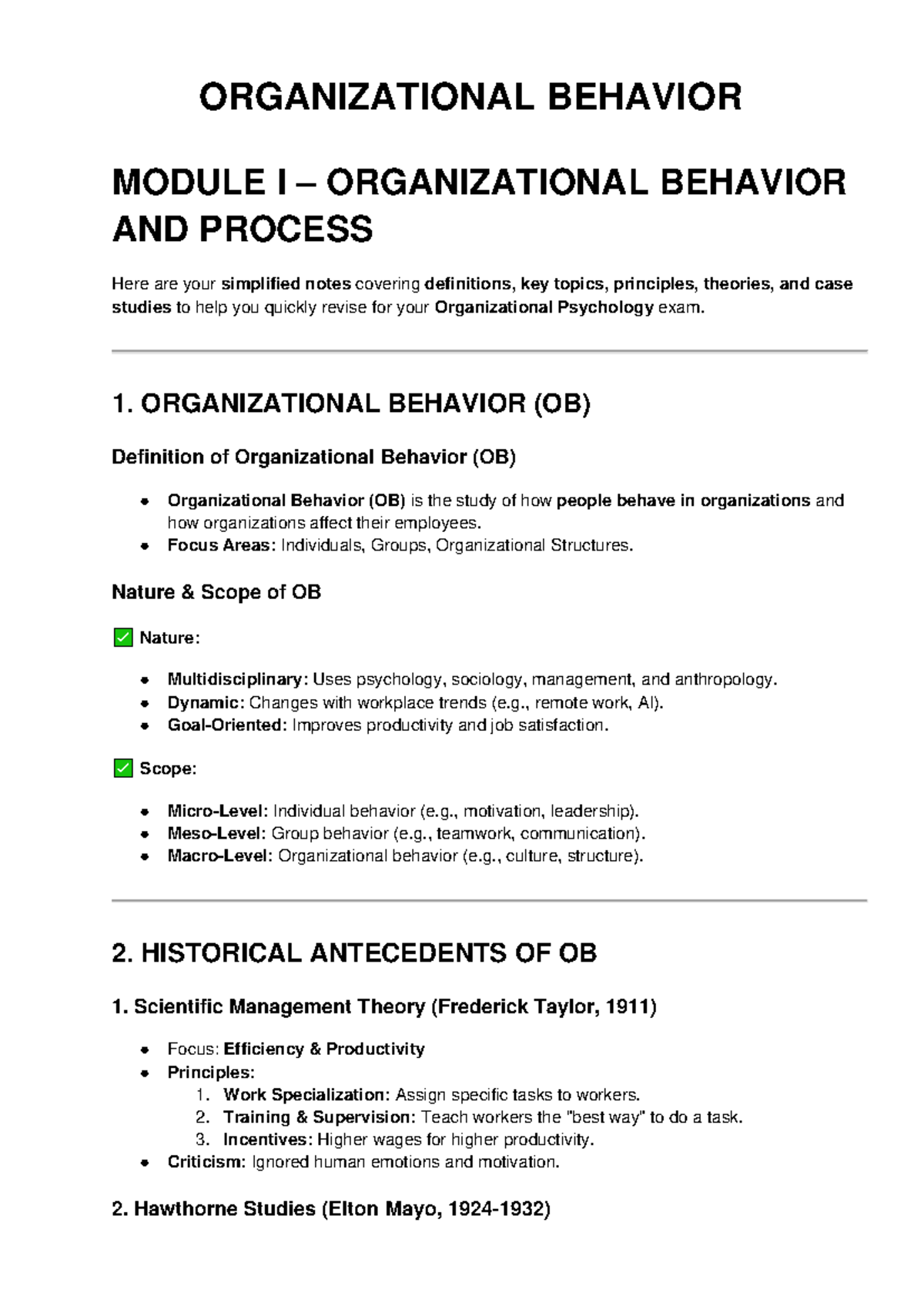 Organizational Behavior Module I: Key Concepts and Theories for Exam ...