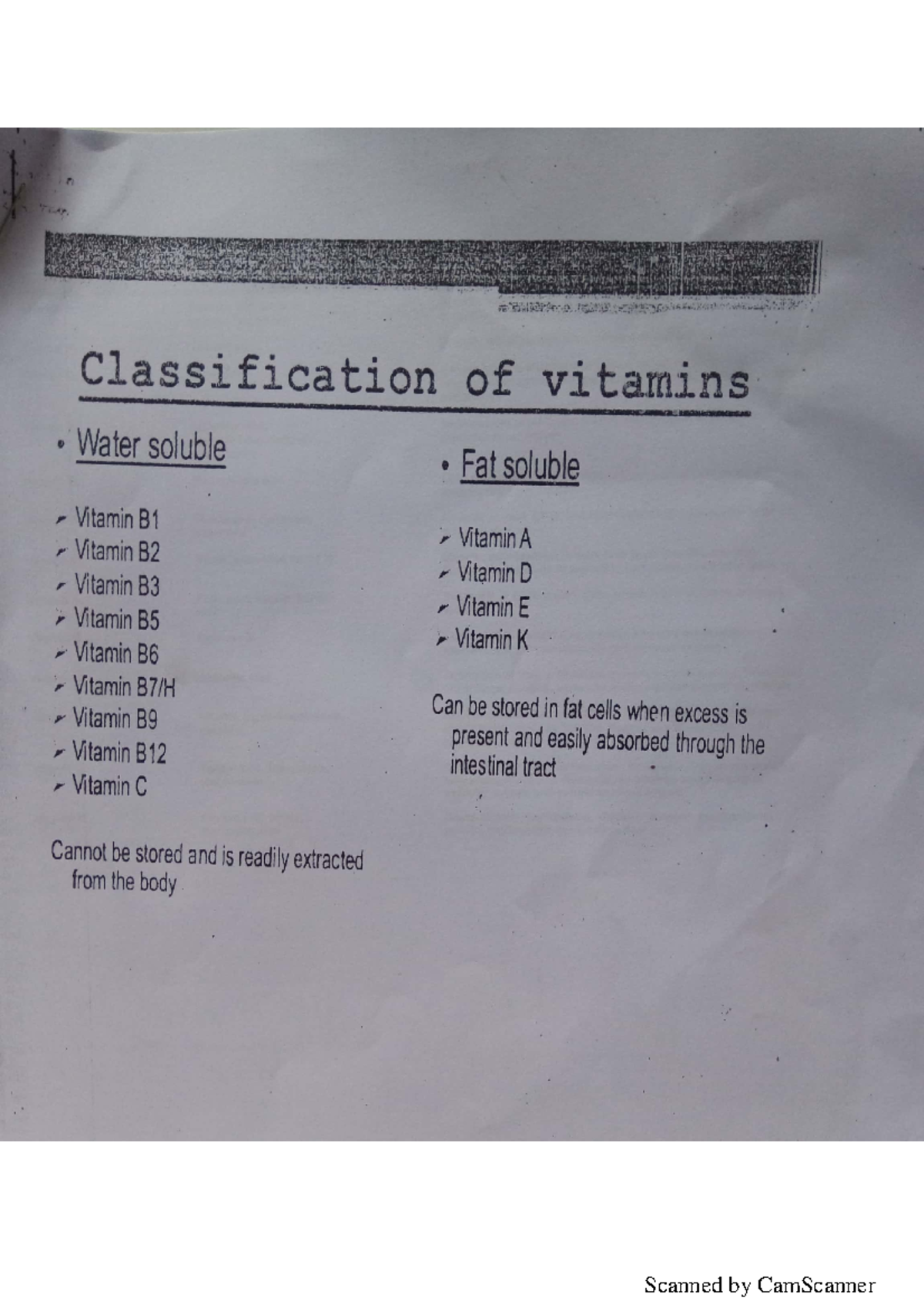 BCH 210 - lecture note - Classification of vitamins Water soluble Fat soluble Vitamin B1 Vitamin ...