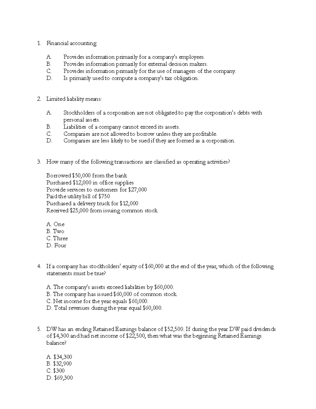 Financial Accounting Review: Practice Questions for EX 1 - Studocu