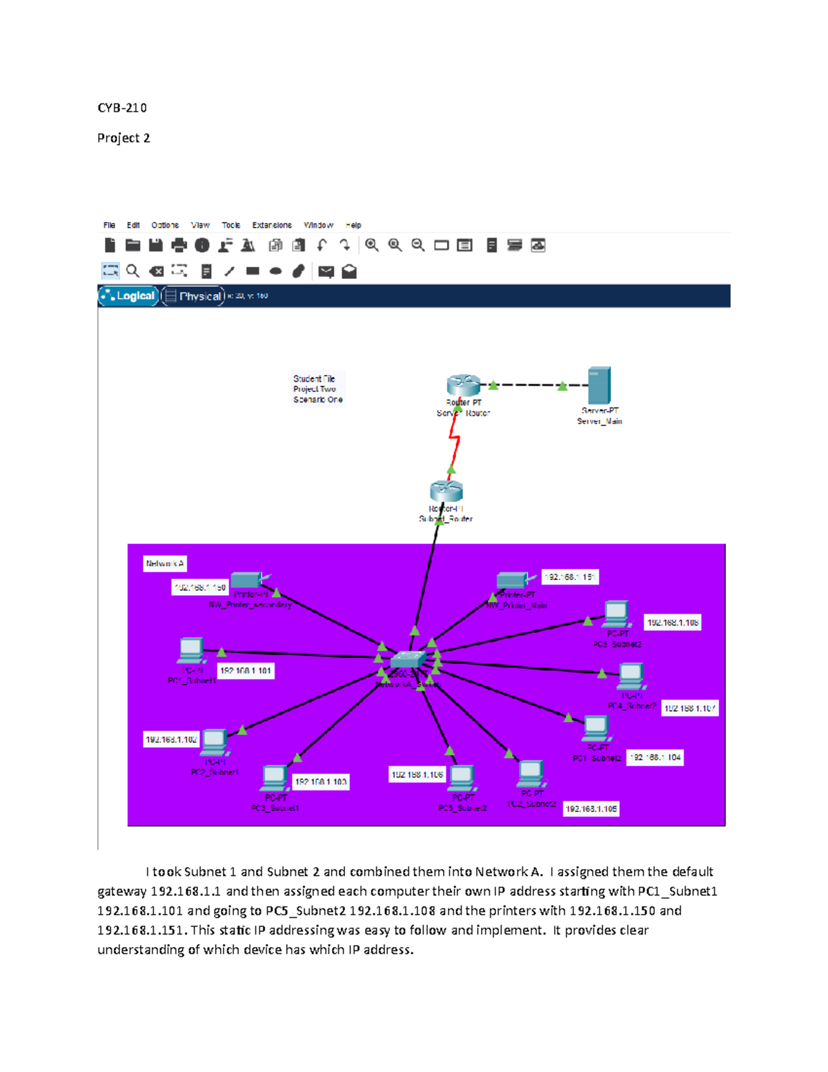 CYB210 Project 2 - Network Configuration and Static IP Addressing - Studocu