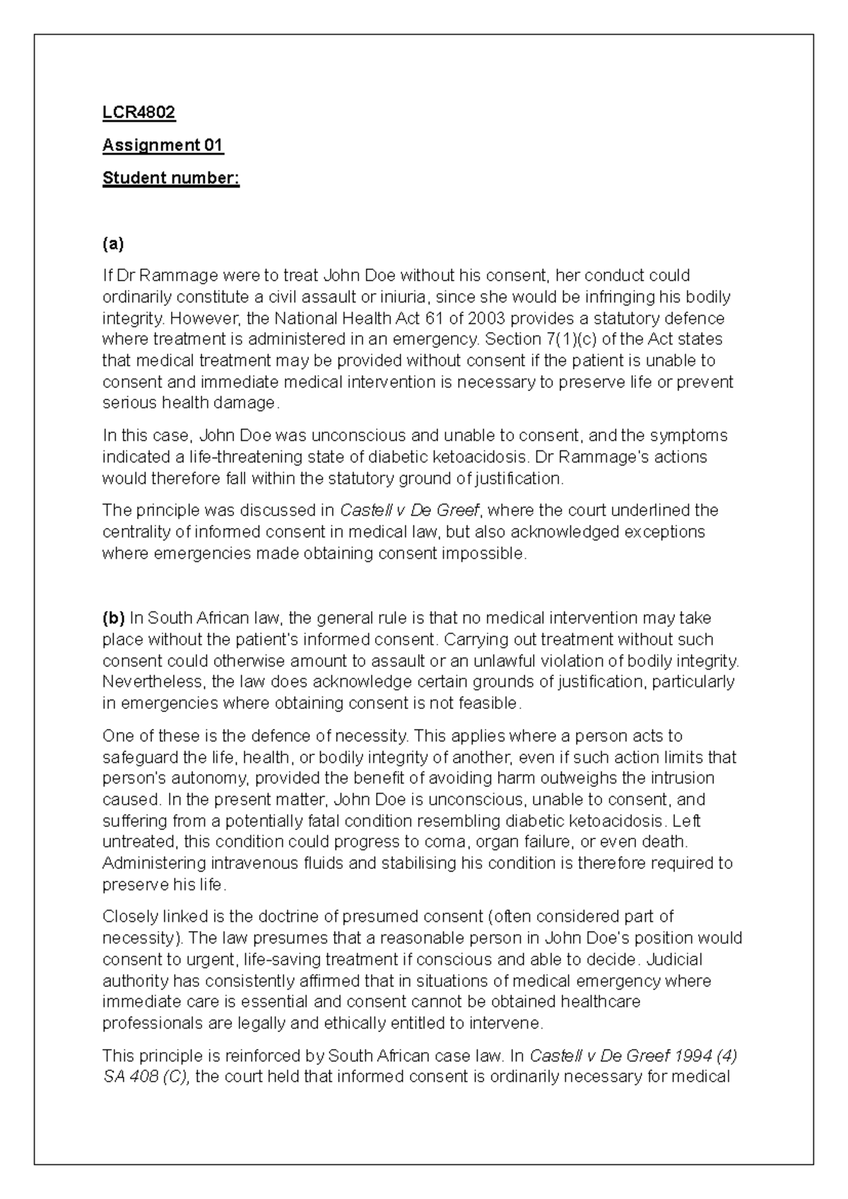 LCR4802 Assignment 01: Legal and Ethical Considerations in Emergency ...