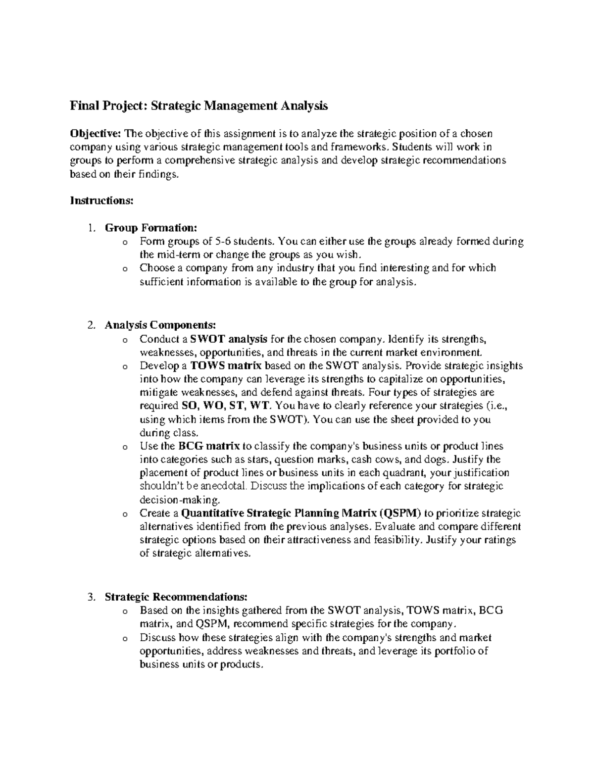 SM Final Project Brief - Final Project: Strategic Management Analysis ...