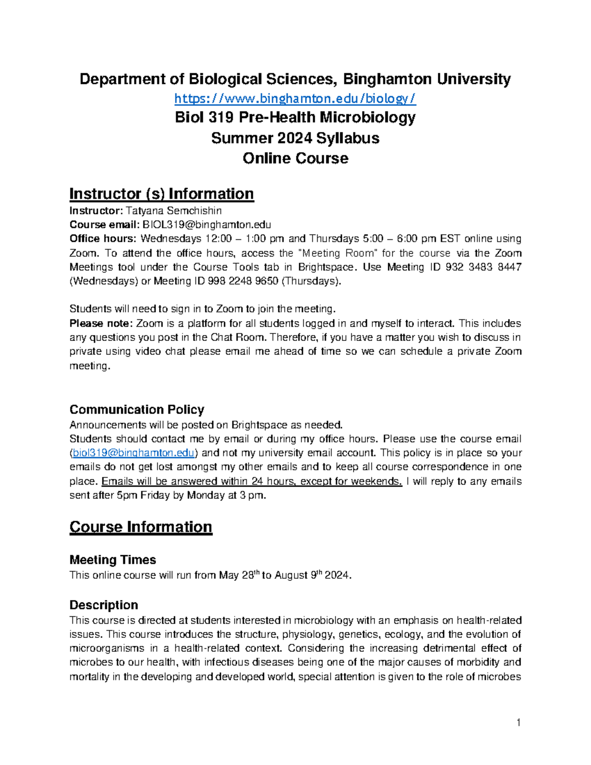 Biol 319 Summer 2024 Syllabus: Pre-Health Microbiology Course Details ...