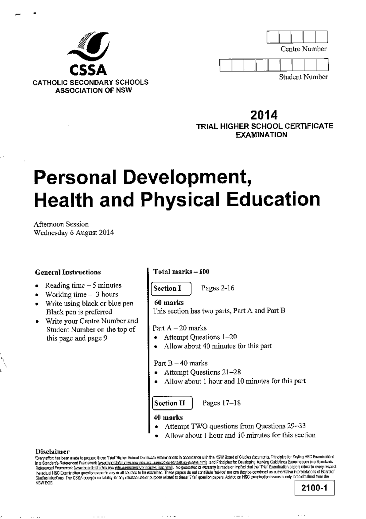 CSSA 2014 Trial HSC Exam: Personal Development, Health & PE - Studocu