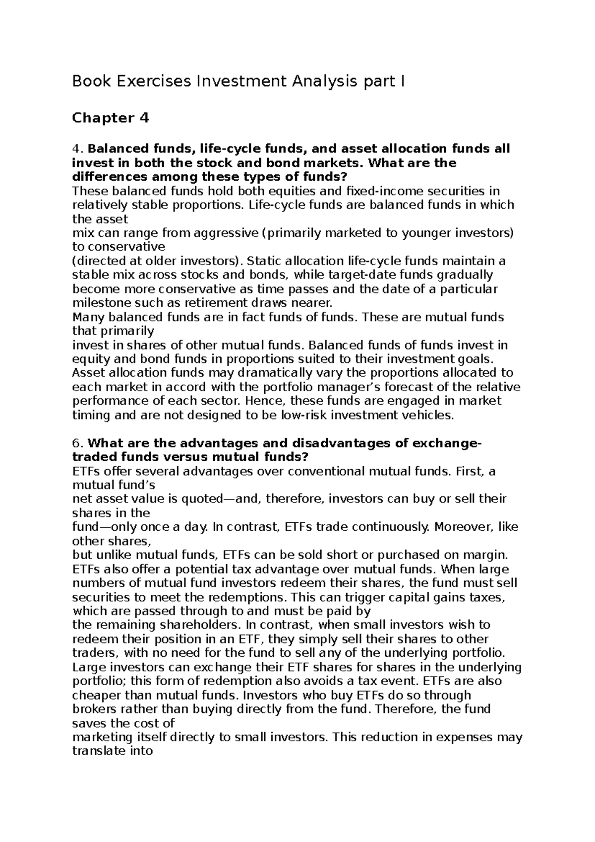 Exercises on Investment Analysis Part I: Chapter 4 Insights - Studeersnel