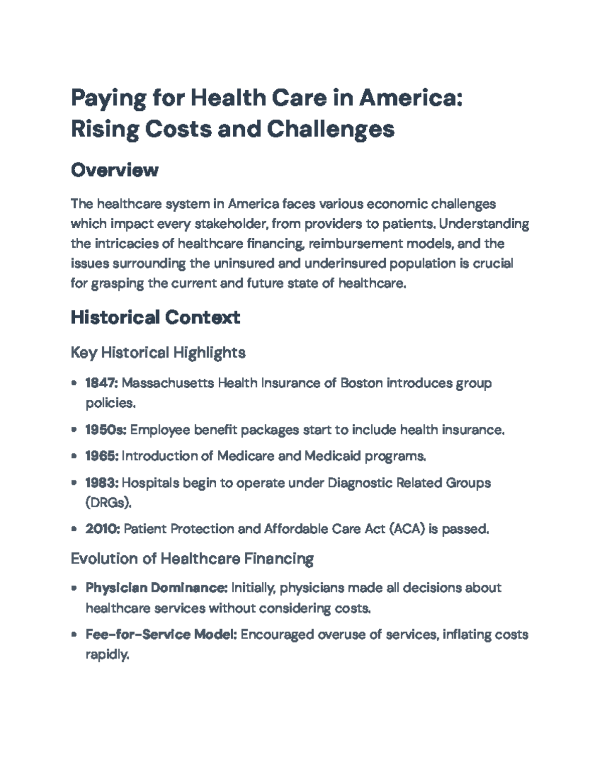 Paying for Health Care in America: Challenges and Costs Overview ...