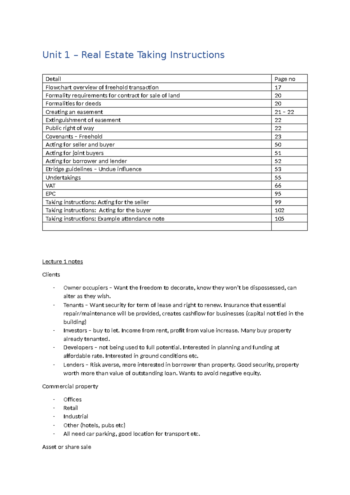Unit 1 - page references and notes - Unit 1 – Real Estate Taking ...