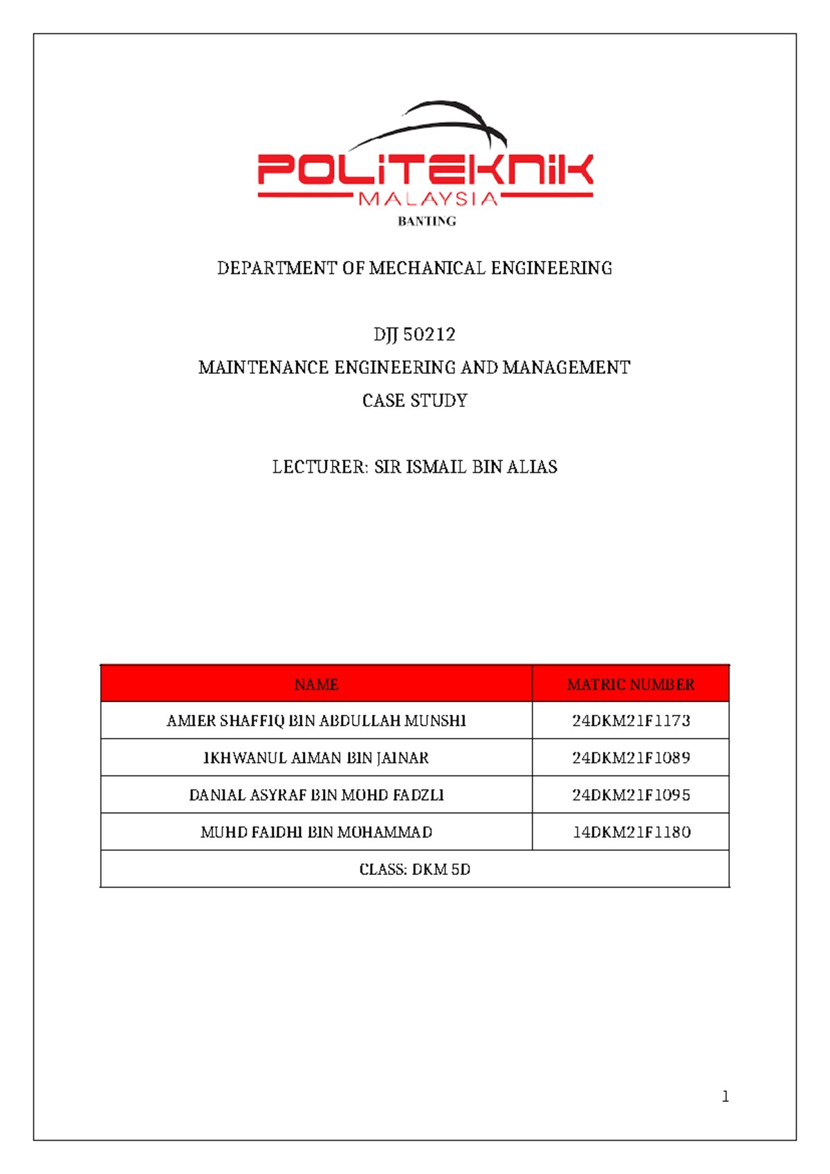 CASE Study on Maintenance Engineering - DJJ 50212: TNB Overview - Studocu