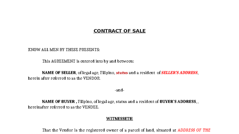 CONTRACT OF SALE: Agreement Between Vendor and Vendee - Studocu