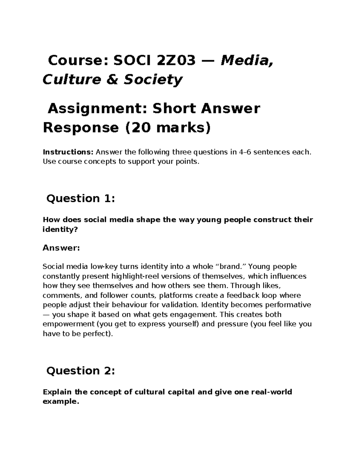 SOCI 2Z03 Media, Culture & Society: Short Answer Response Guide - Studocu