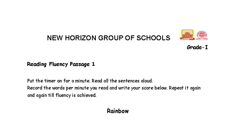 NEW HORIZON GROUP OF SCHOOLS Reading Fluency Grade 1 Term 1 Passage ...