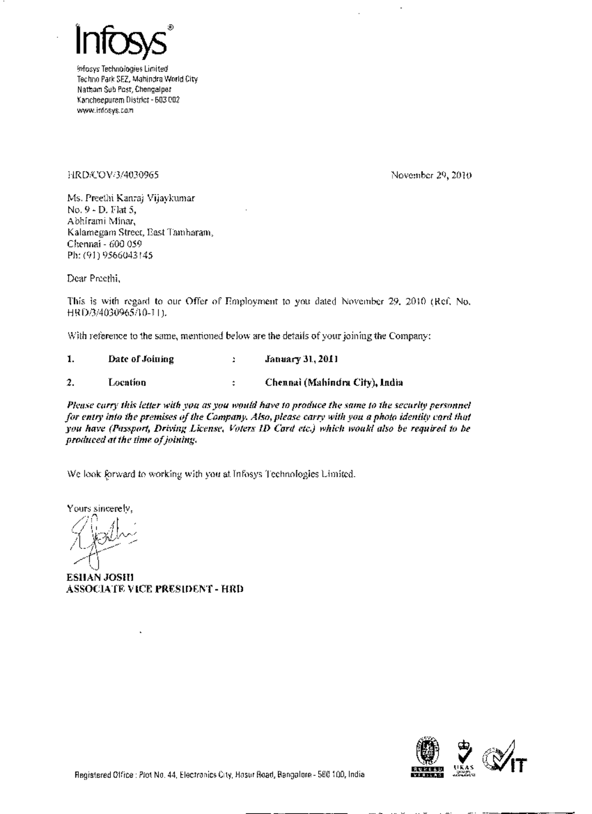 Infosys Offer Letter - Good - Infosys Technologies Limited Techno Park ...