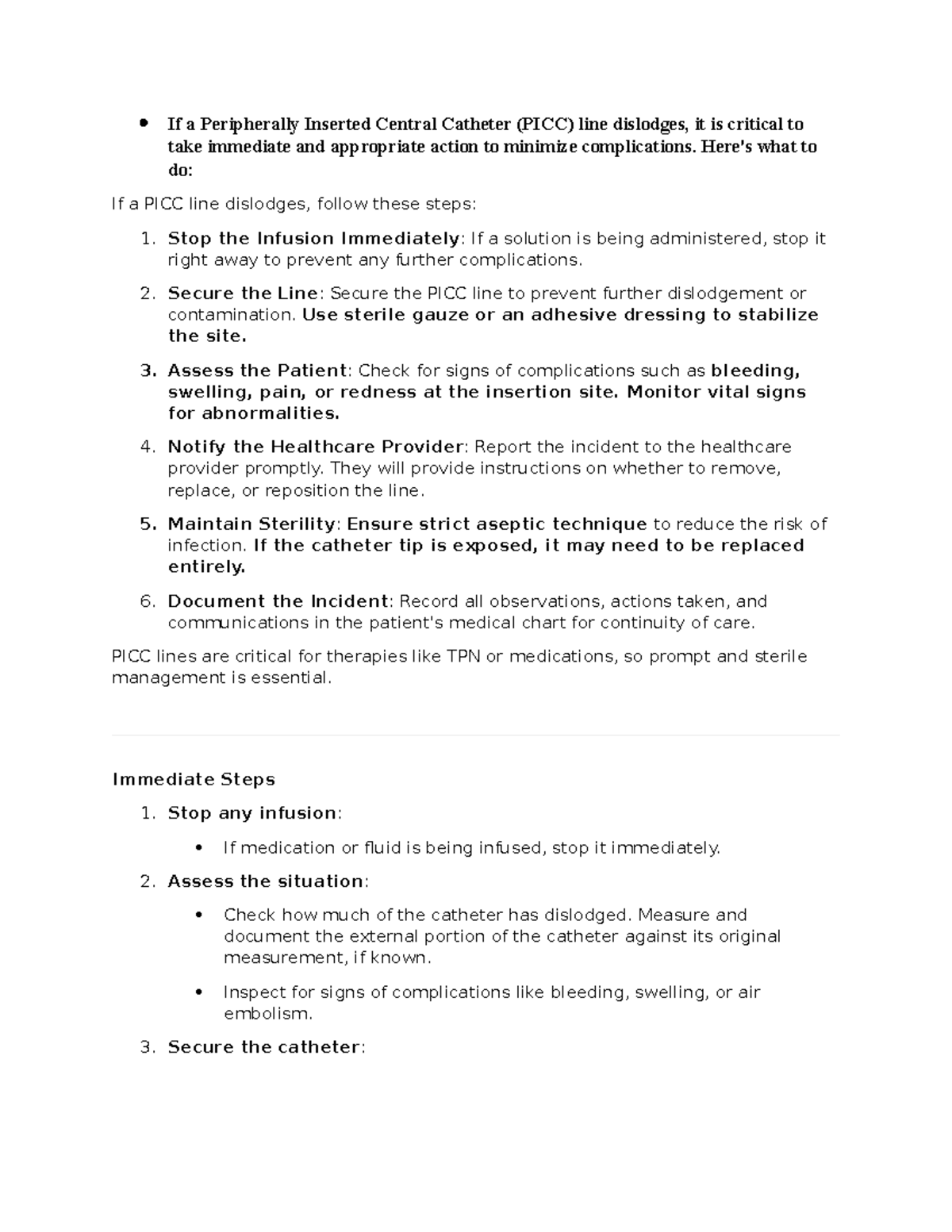 Med surg Note - FINAL EXAM REVIEW - If a Peripherally Inserted Central ...