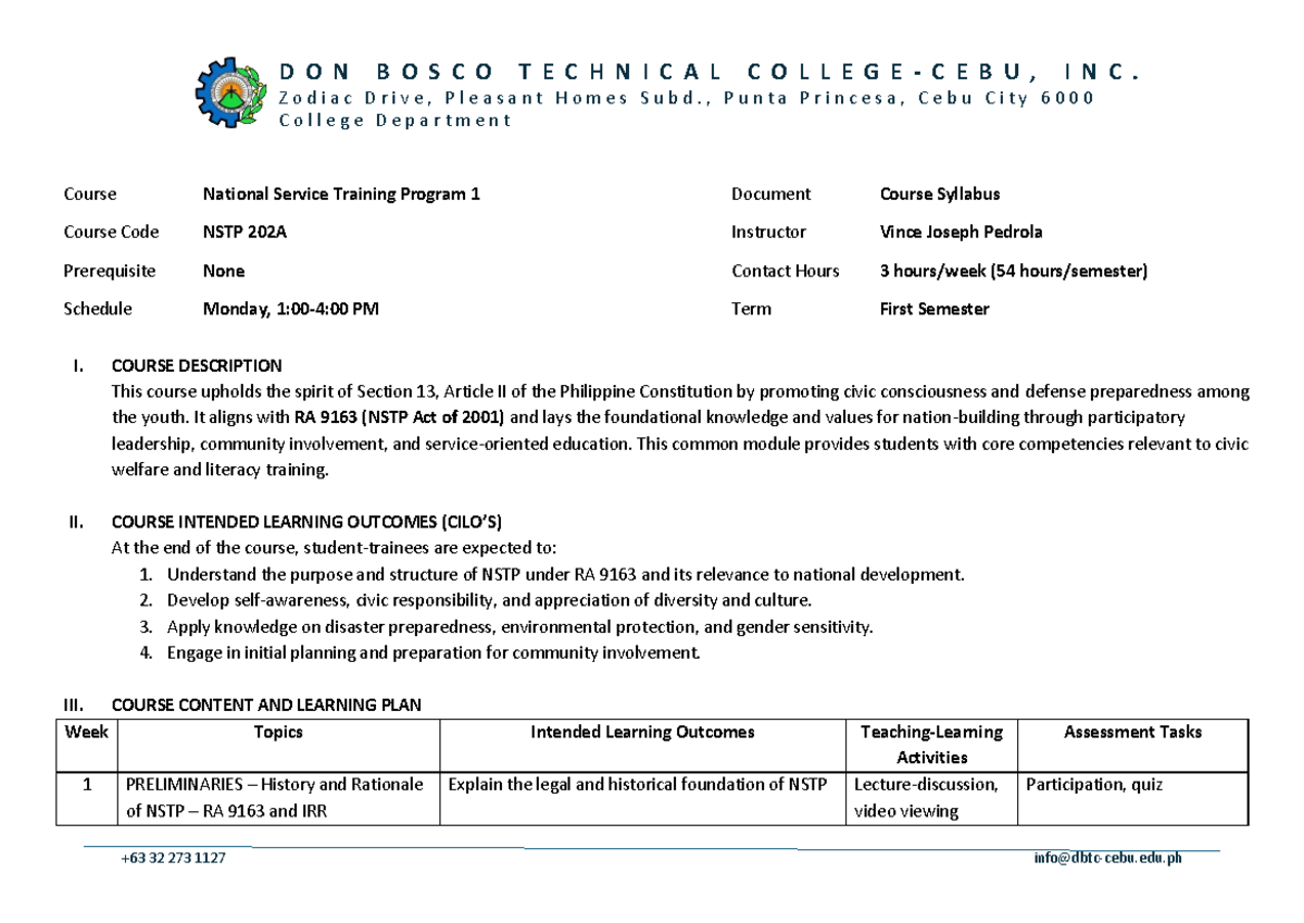 Course Syllabus for NSTP 202A: National Service Training Program 1 ...