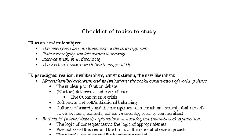 Final Exam Study Guide: POLI-244 on International Relations Topics ...