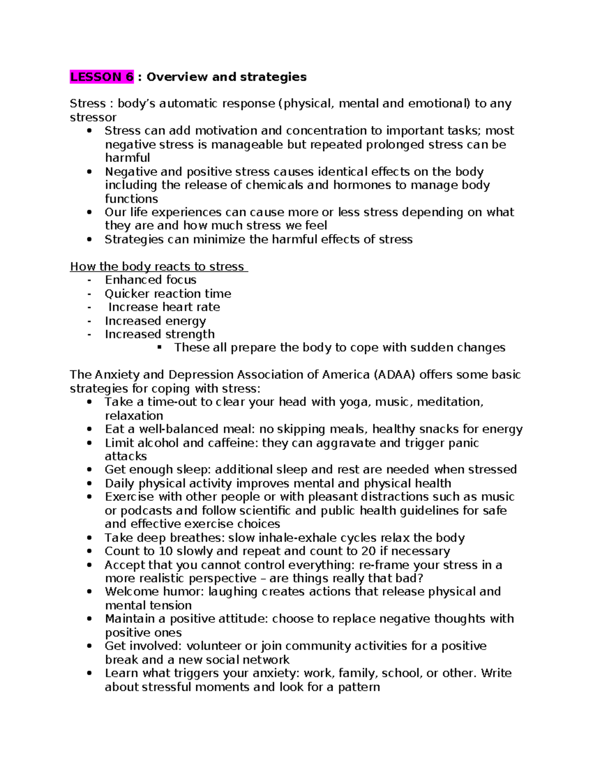 LESSON 6: Understanding and Managing Stress Responses - Studocu