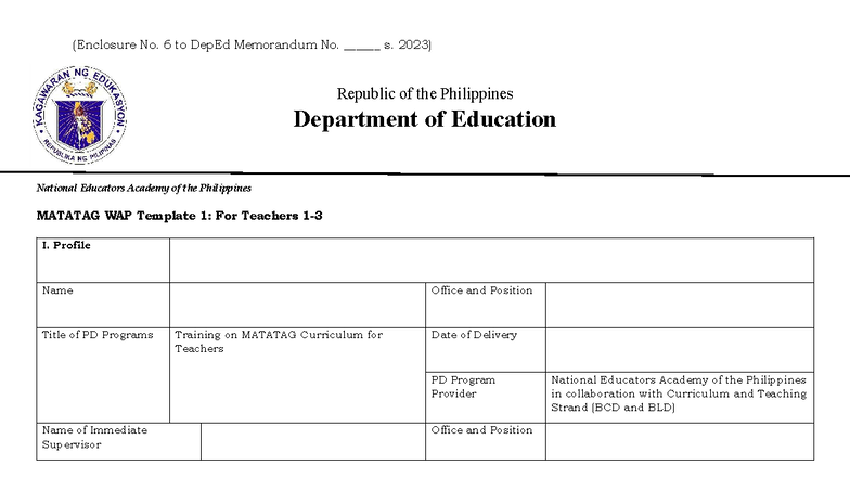 Sample WAP for Teachers: MATATAG Curriculum Training (DepEd) - Studocu