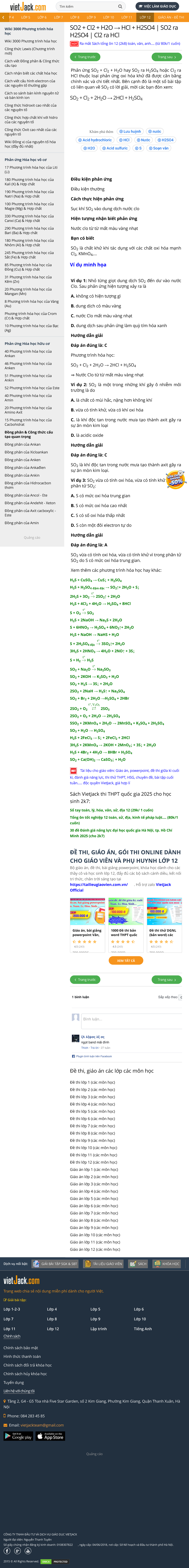 Phản ứng Hóa Học: SO2 + Cl2 + H2O → HCl + H2SO4 - Studocu