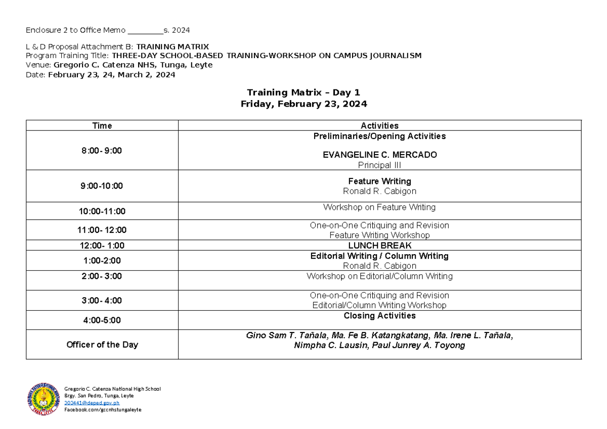 Training-Matrix: 3-Day School-Based Training on Campus Journalism - Studocu