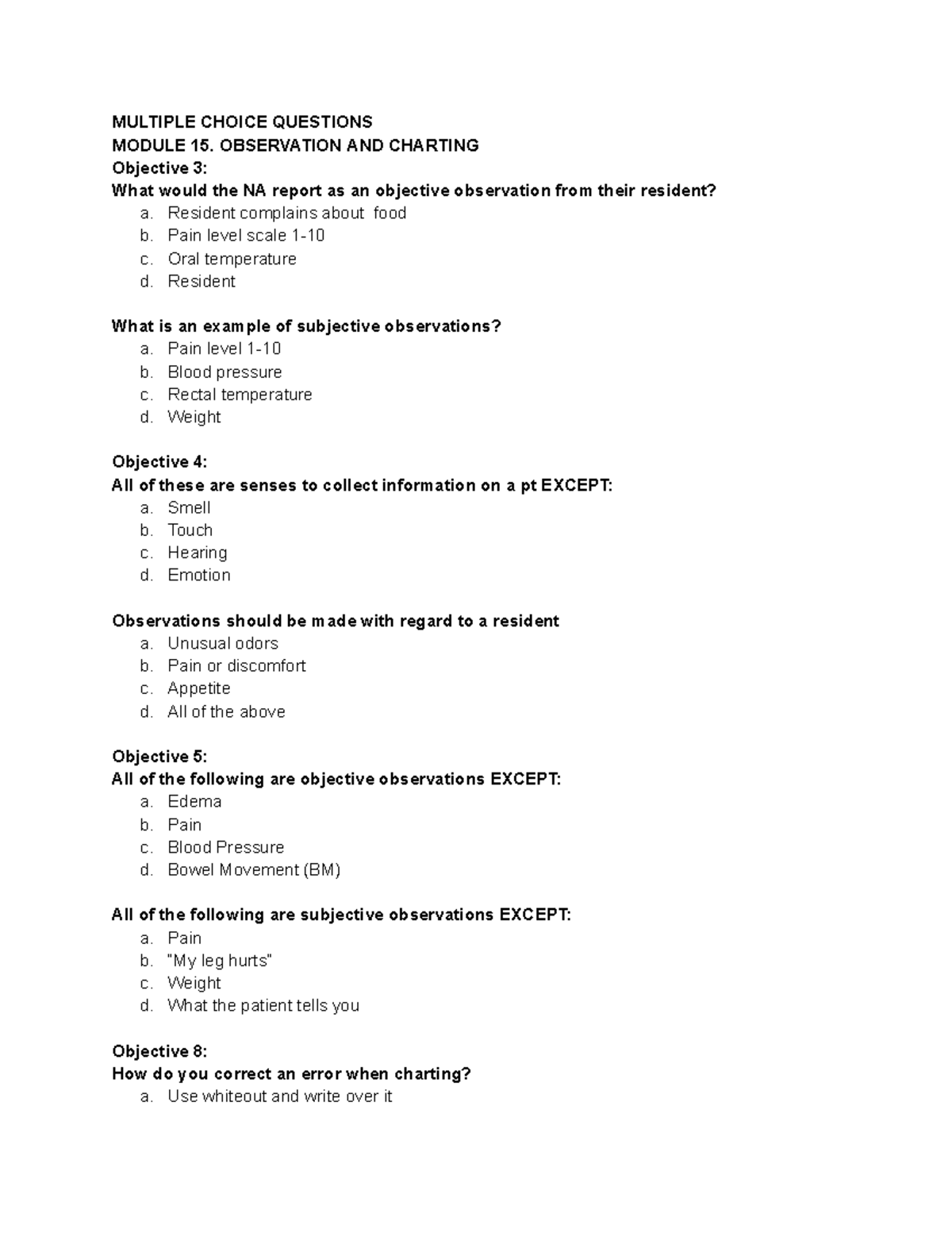 Module 15: Observation and Charting MCQ Study Guide - Studocu