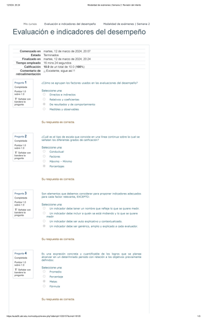 Evaluación e indicadores del desempeño sem 2 - PREGUNTA 1 Señalar con bandera la pregunta ...