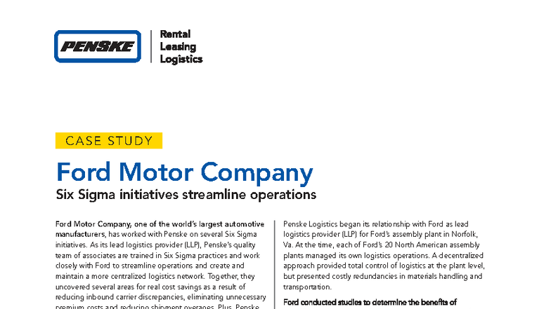 CASE STUDY: Ford Motor Co. & Penske's Six Sigma Logistics Initiatives - Studocu