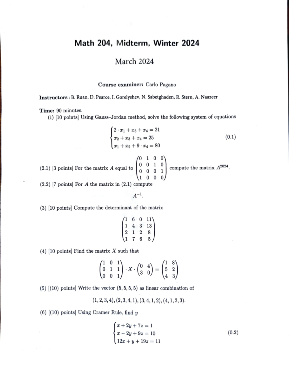 MIDTERM Winter 2024 Math 204 - Math 204, Midterm, Winter 2024 March ...