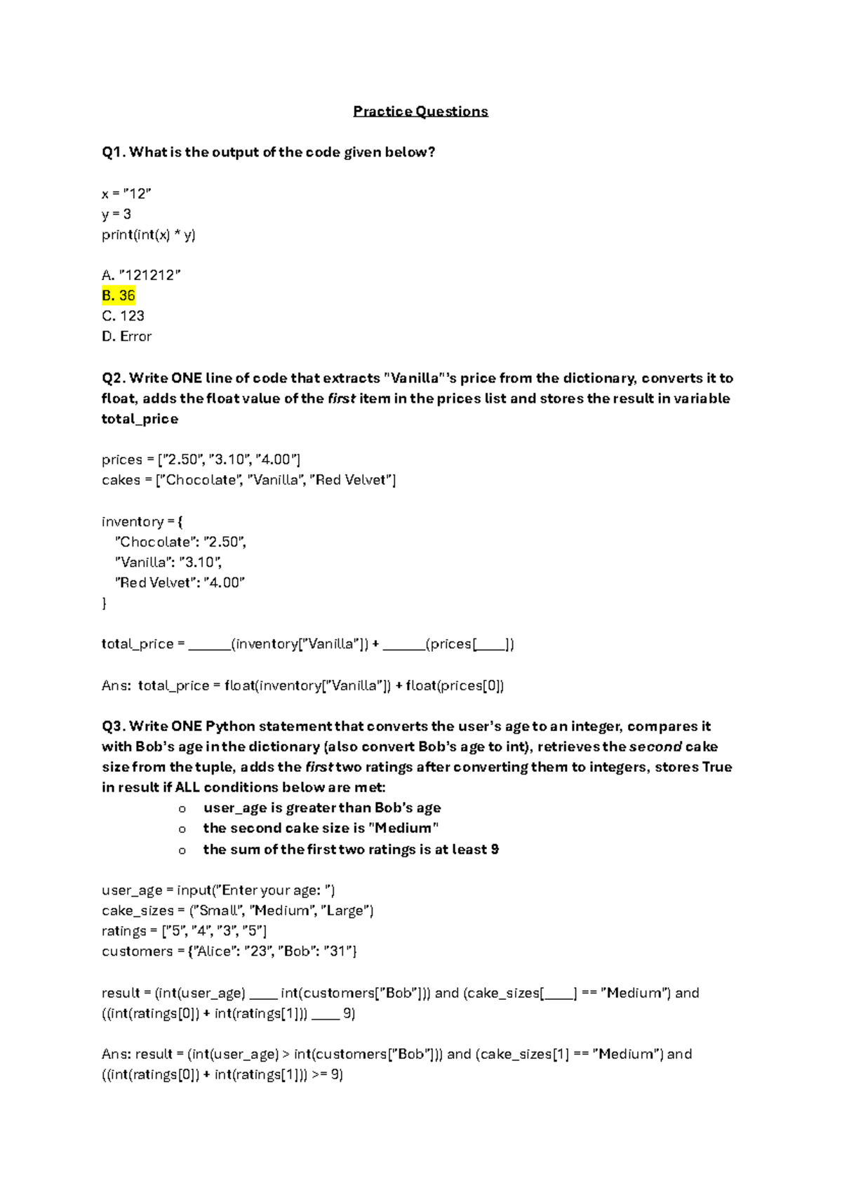 Python Practice Questions - Practice Exam Q1-Q40 - Studocu