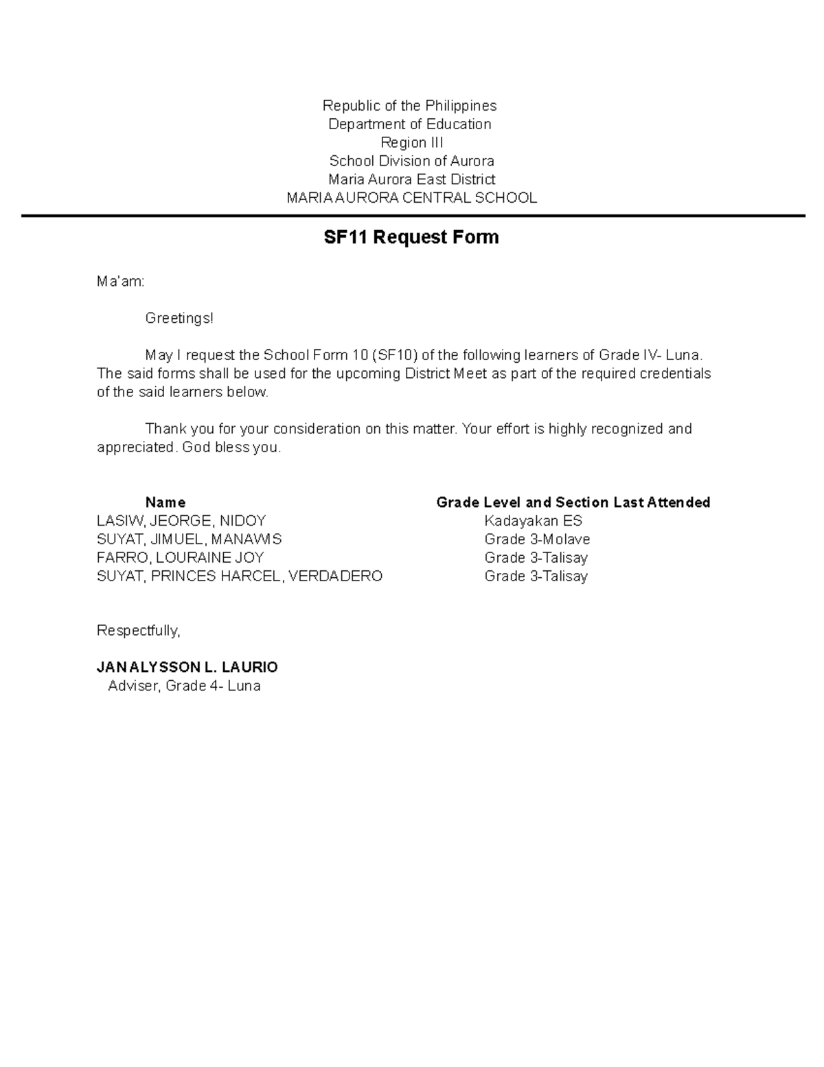 SF10 Request Letter for Grade IV Learners' Credentials - Studocu