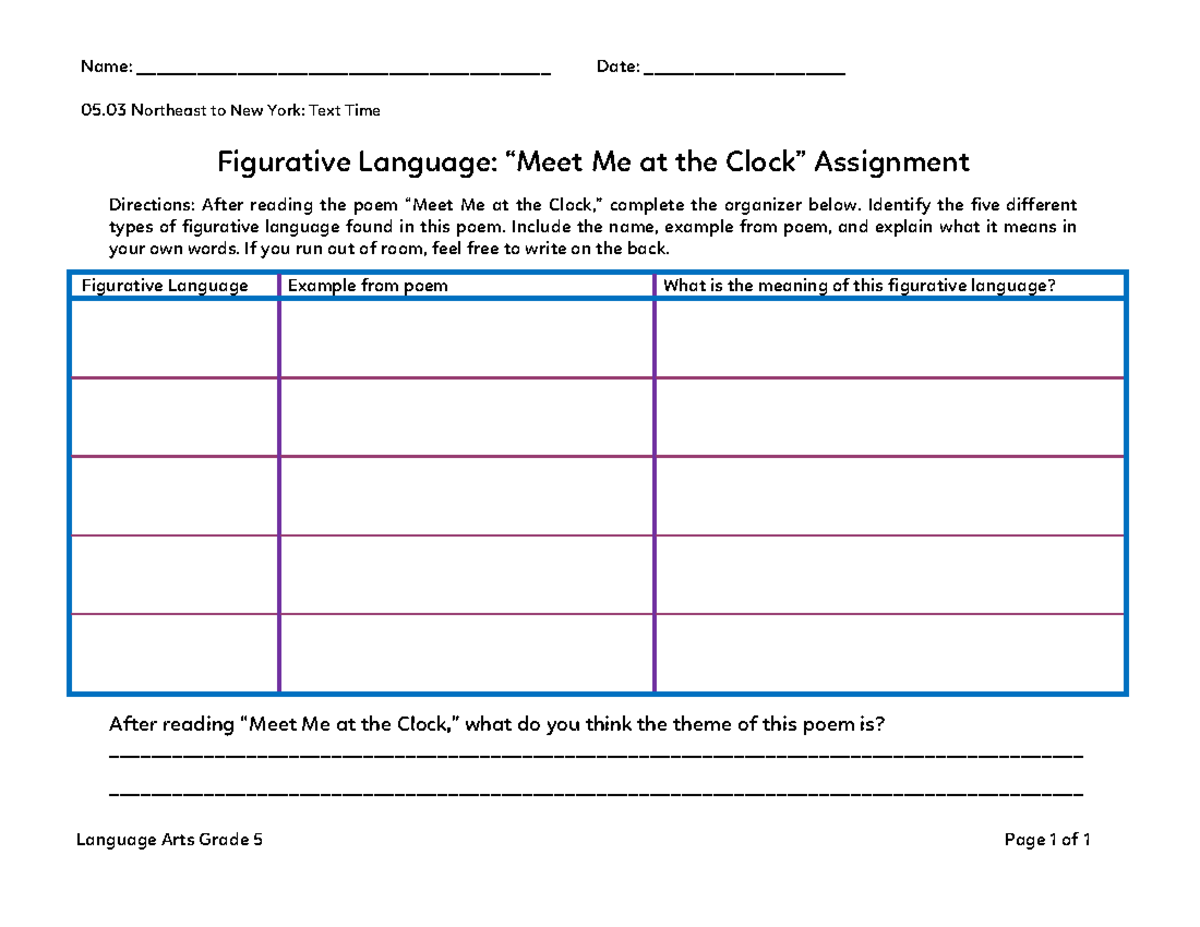 Ela G5 Figurative Language Assignment: "Meet Me at the Clock" - Studocu
