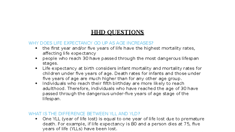 HHD Questions: Understanding Life Expectancy, YLL & YLD Concepts - Studocu