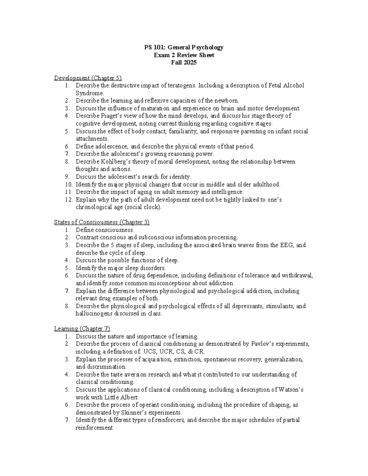 PS 101: General Psychology Exam 2 Review Sheet - Fall 2025 - Studocu