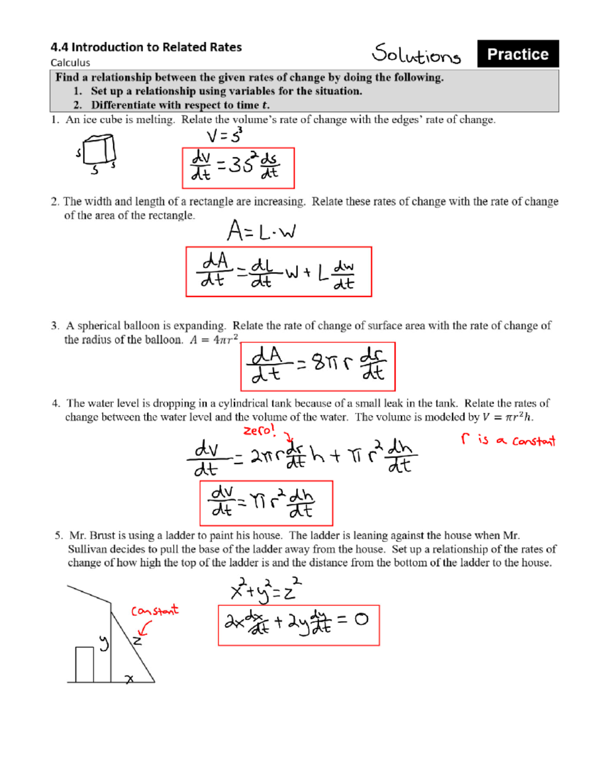 Calc 4.4 Related Rates Solutions Practice Answer Key - Studocu
