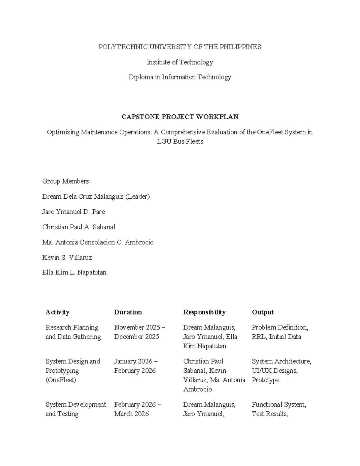 PUP IT Capstone Project Workplan: Optimizing OneFleet System - Studocu