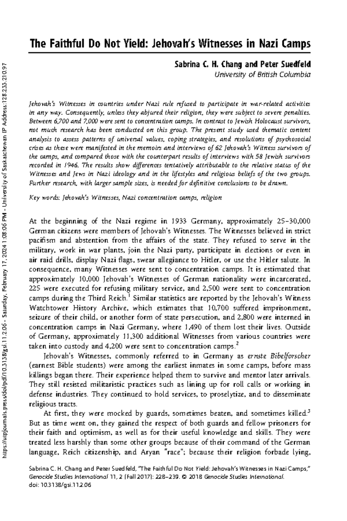 The Faithful Do Not Yield: Jehovah's Witnesses in Nazi Camps (GENS 101 ...