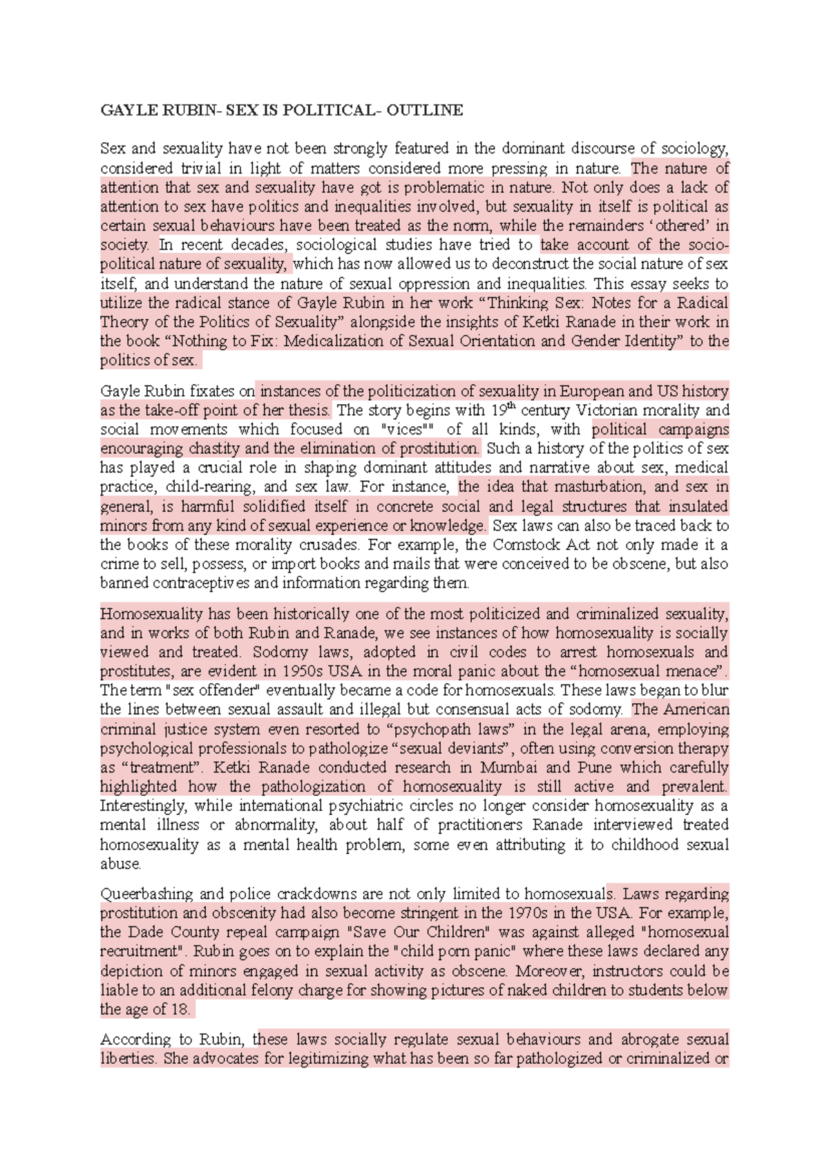 Gayle rubin - sex as political - GAYLE RUBIN- SEX IS POLITICAL- OUTLINE ...