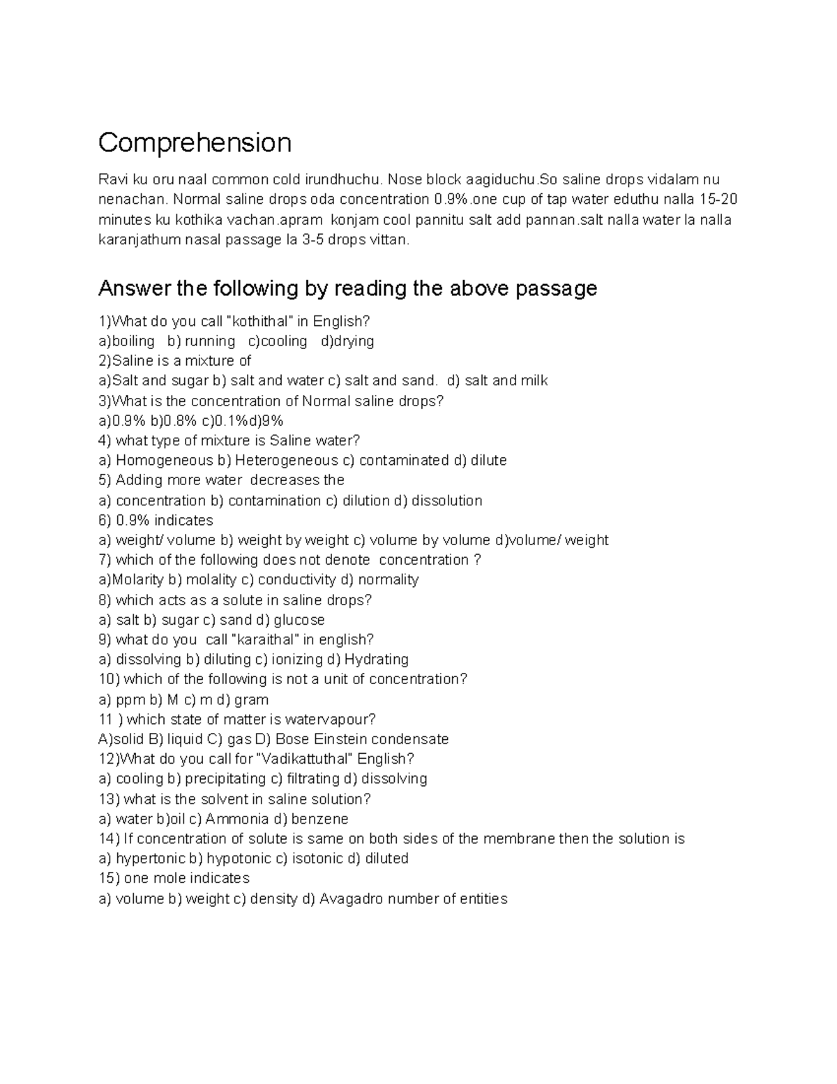 Chem WS 1 - Understanding Saline Solutions and Concentration Concepts ...