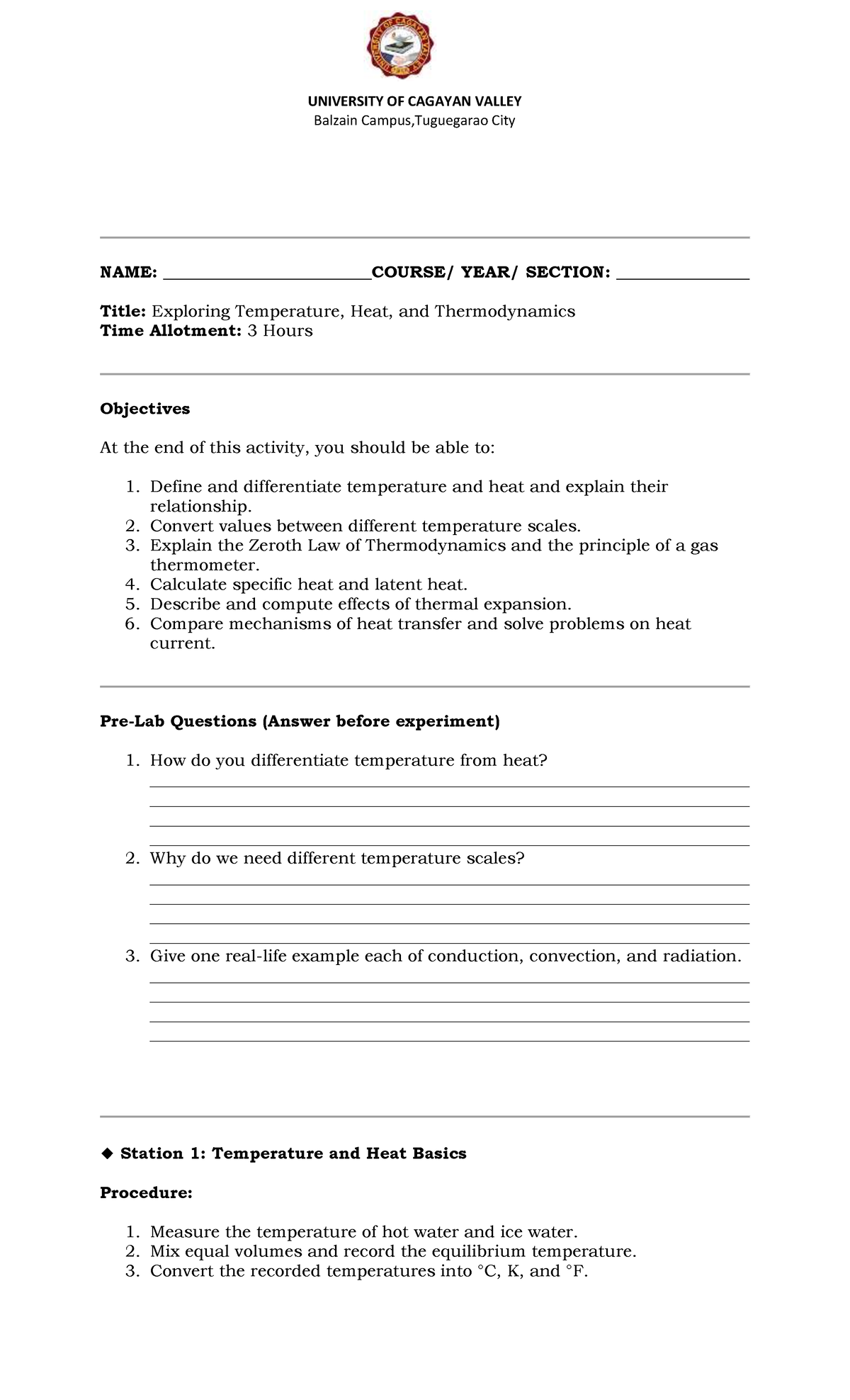 Thermo Activity Sheet 1: Exploring Temperature & Heat Concepts - Studocu