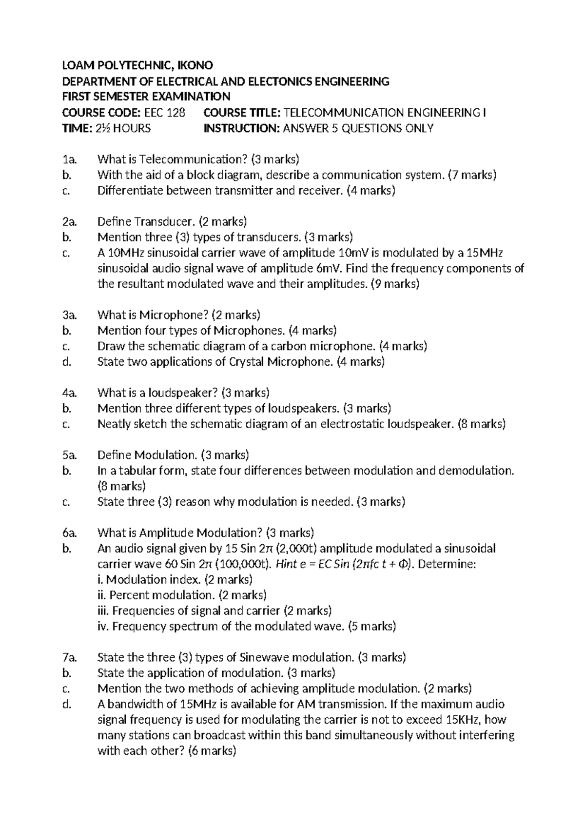EEC 128 - Final Exam Study Guide for Telecommunication Engineering I ...