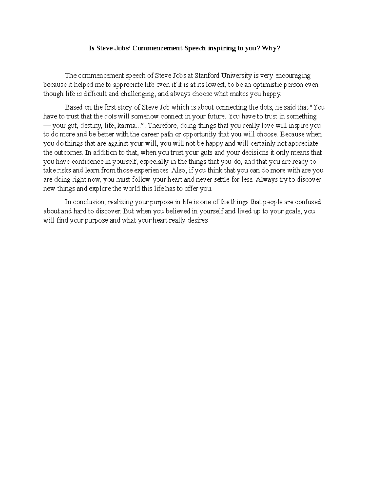 Response Paragraph Version 2 - Is Steve Jobs’ Commencement Speech ...