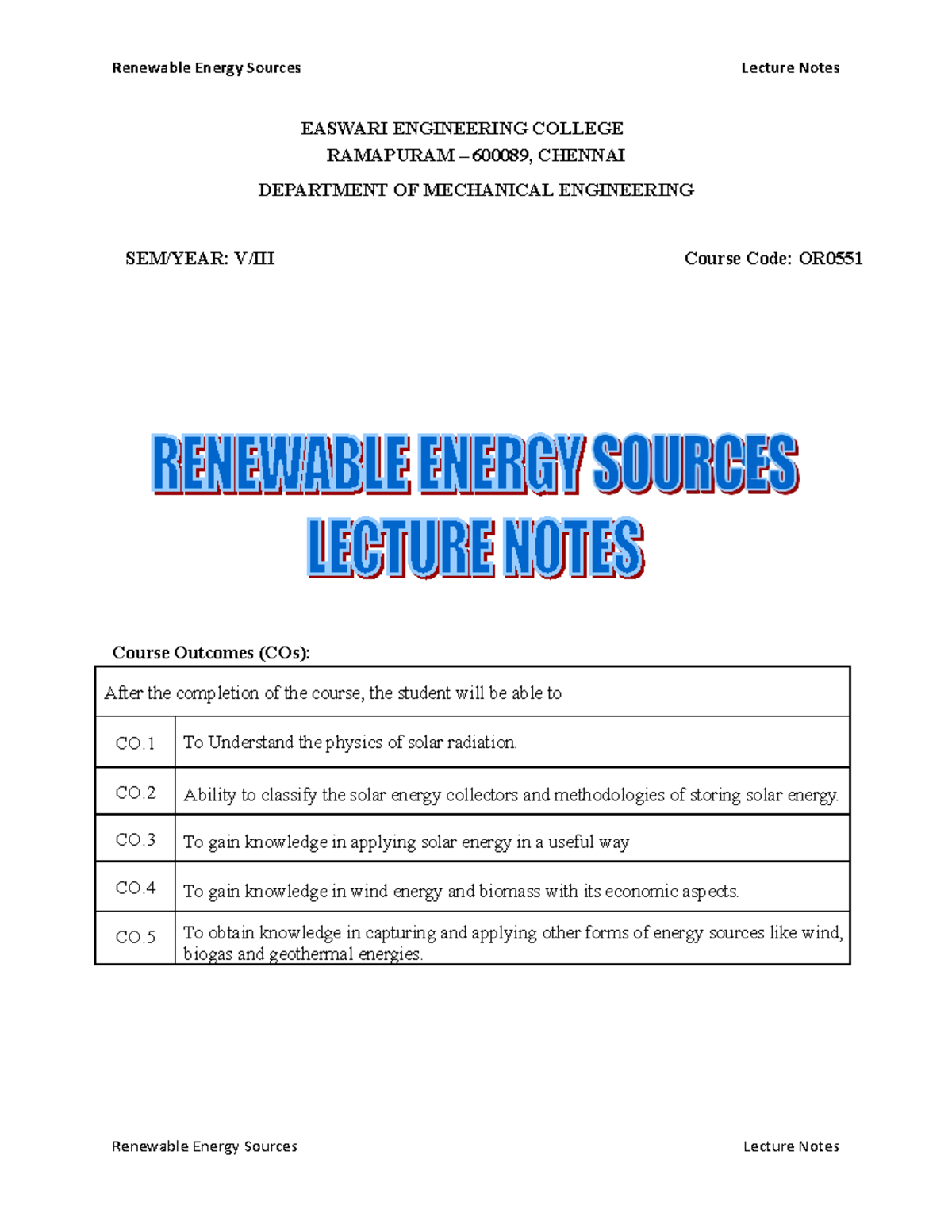 Renewable Energy Sources Lecture Notes (EASW OR) - V/III Sem - Studocu